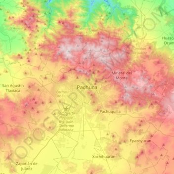 Mapa topográfico Pachuca, altitud, relieve